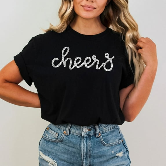 Glitter Cheers Silver Script Graphic Celebration Shirt Sparkly Party ...