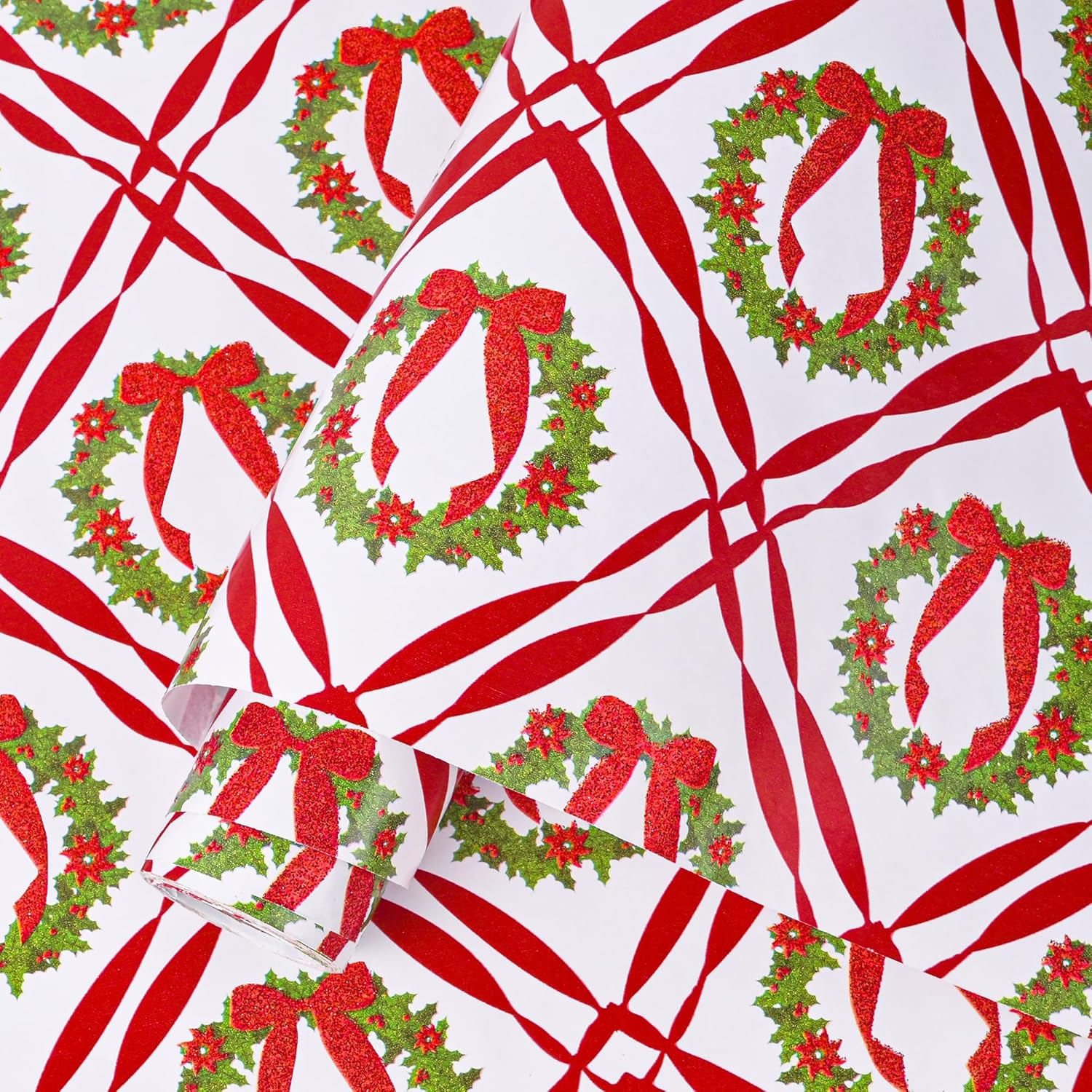 Glitter Christmas Wrapping Paper Jumbo Roll - Red Christmas Bow and ...