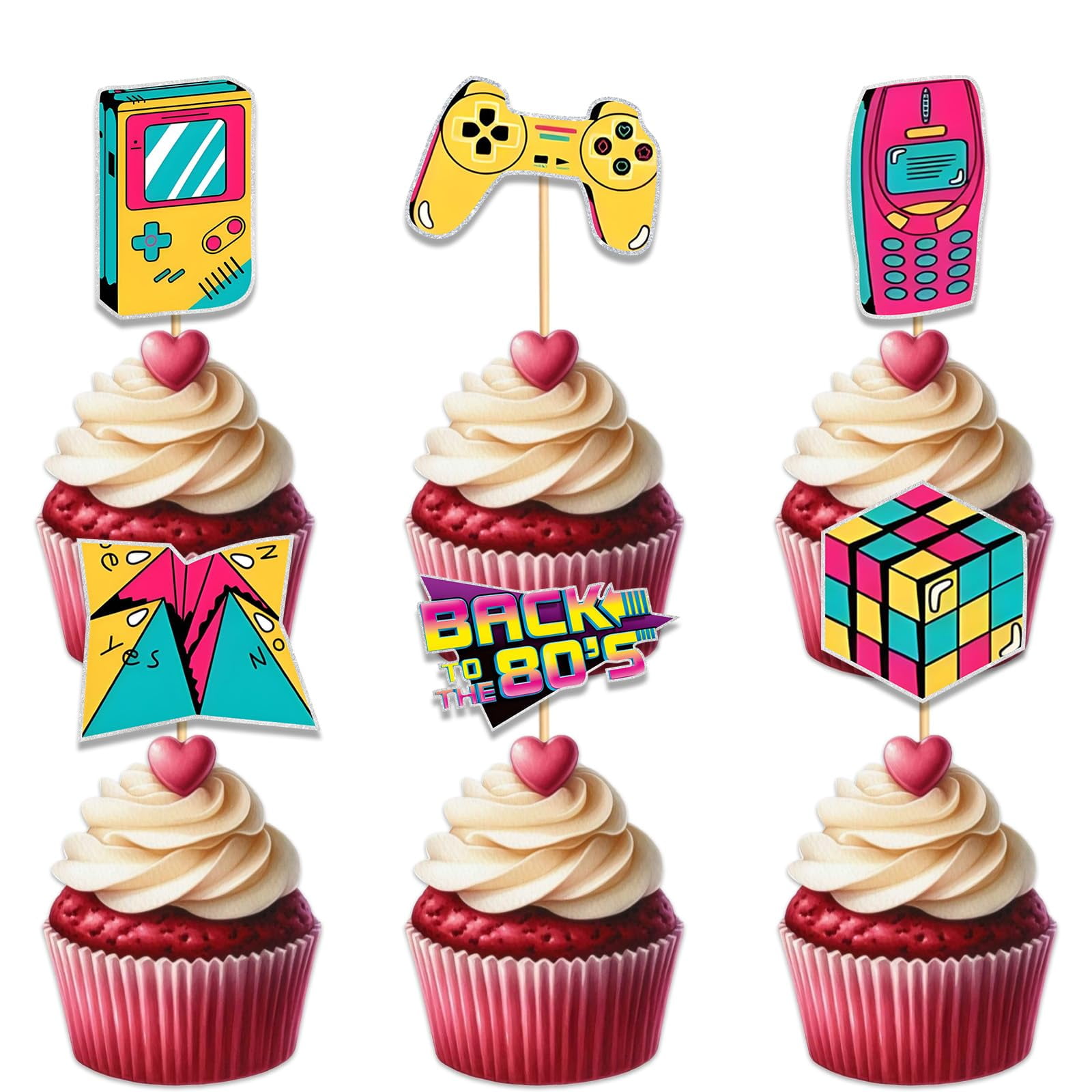 Glitter Cupcake Topper for Back 80s Game Theme Party Favors Decorations ...