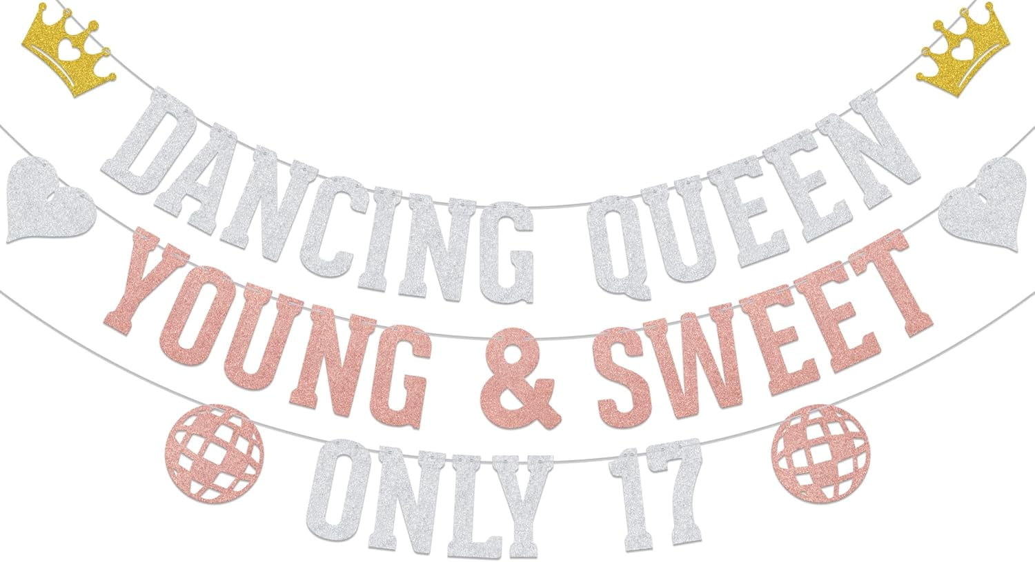 Glitter Dancing Queen Young & Sweet Only 17 Banner,Coquette Dancing Queen 17 Decoration,Disco ...