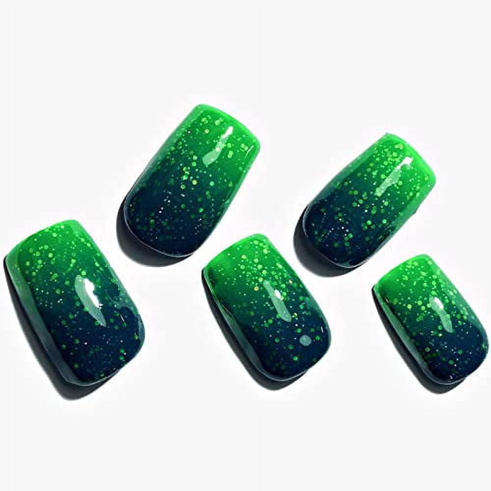 Glitter Dark Green Press on Nails Square, GLAMERMAID Glue on Nails for ...