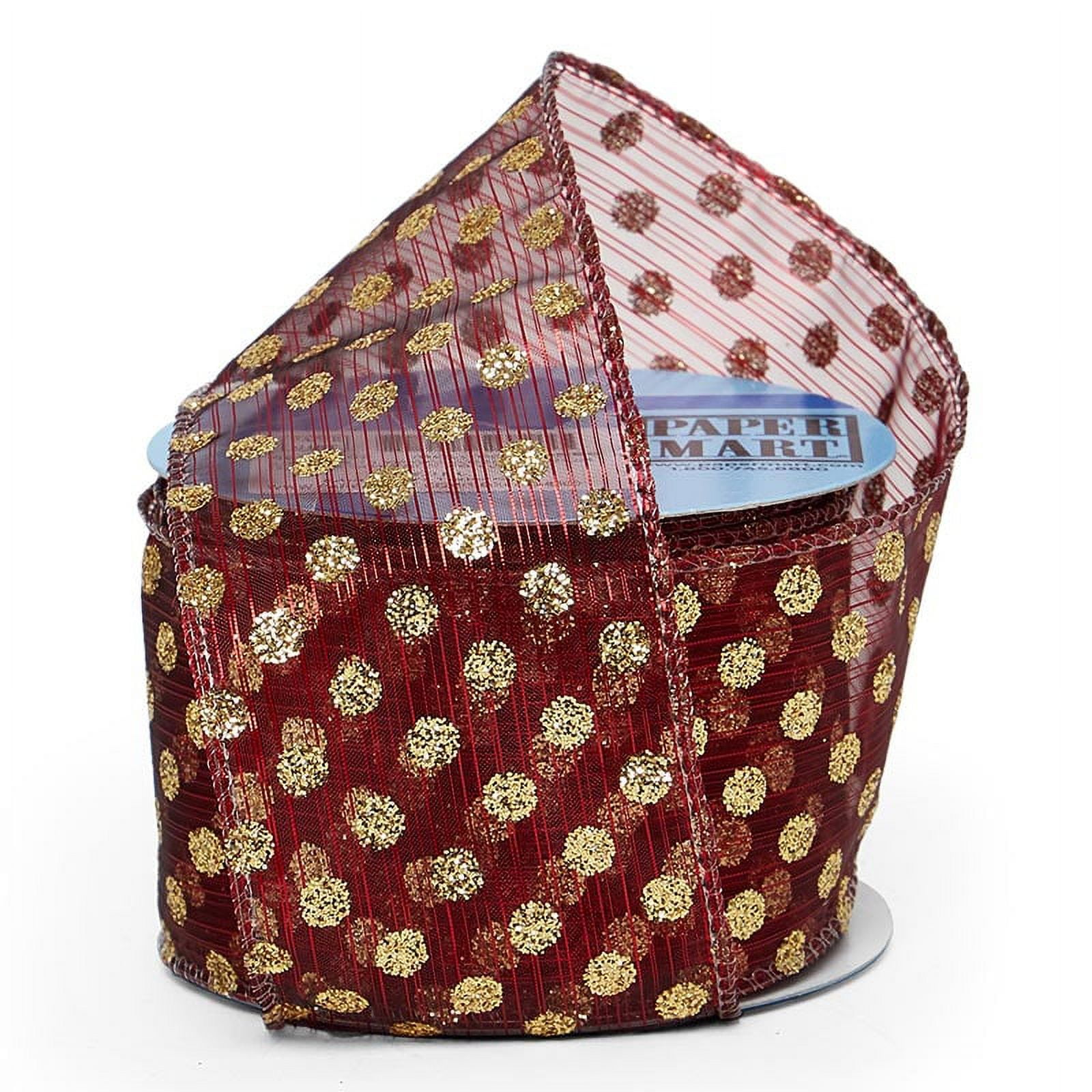 Glitter Dots On Sheer Wired Ribbon, 2 1/2" X 10YD, Gold On Red Metallic ...