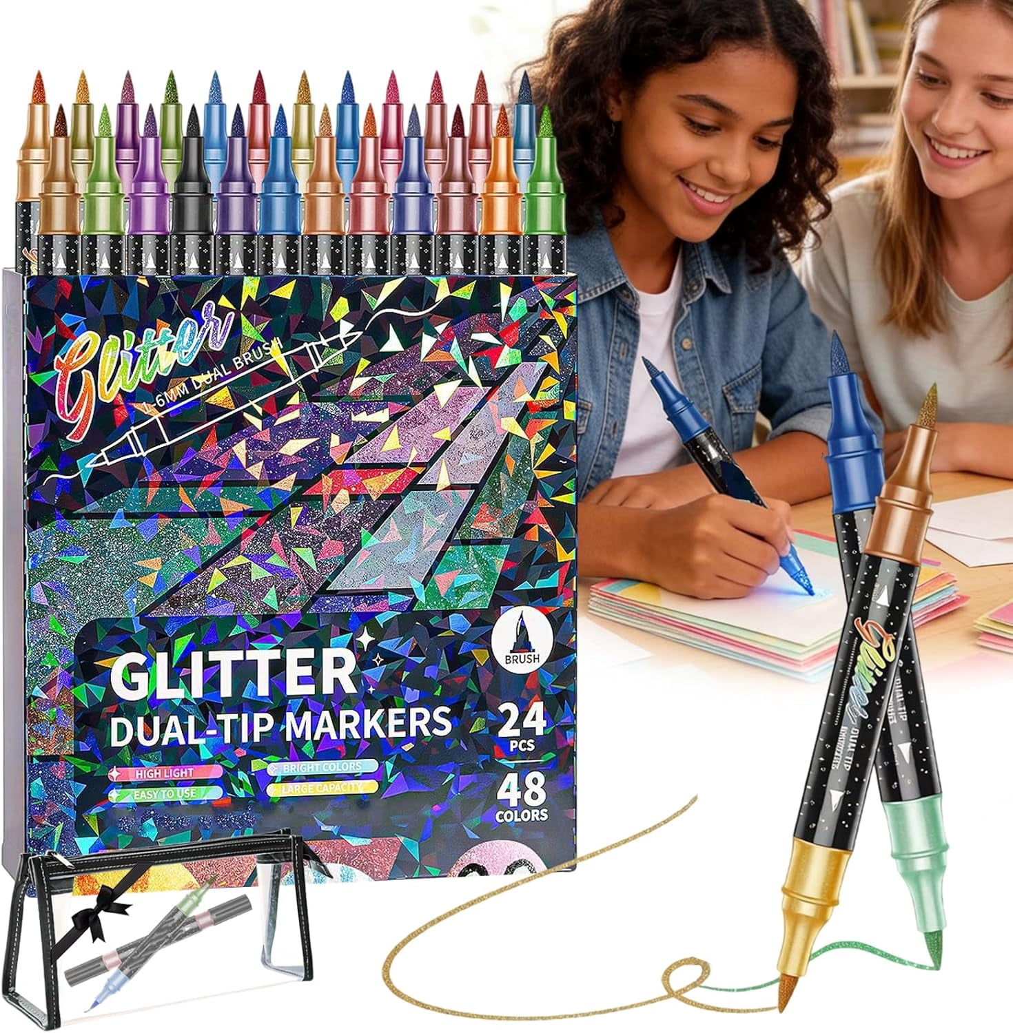 Glitter Effect Drawing Brush Marker, Dual-Tip Art Marker with Sparkling ...
