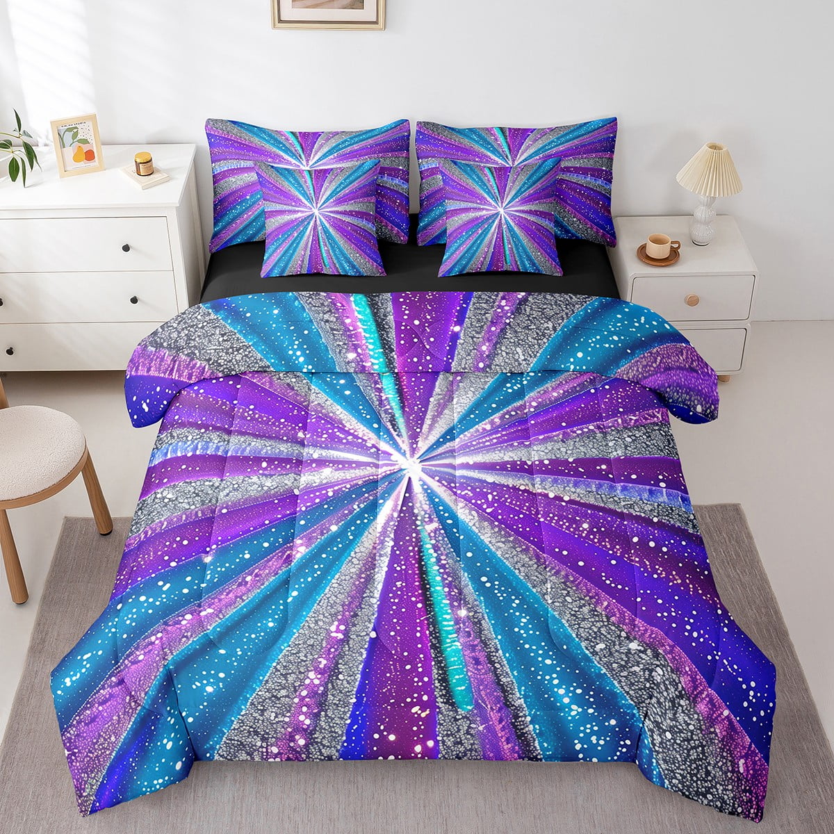 Glitter Galaxy Full Comforter Set,Watercolor Striped 7 Pieces Bed in a ...
