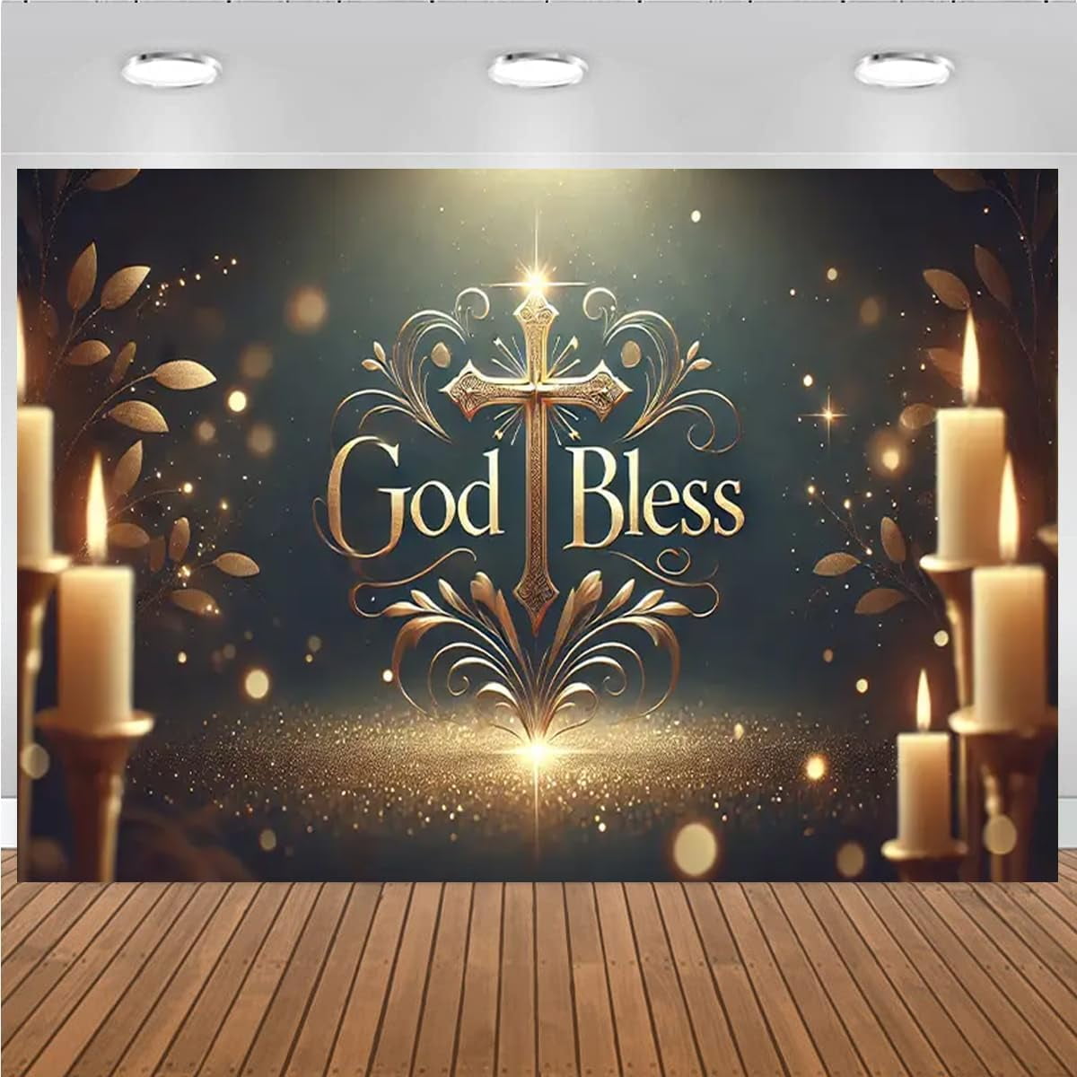 Glitter Gold Cross God Bless Backdrop First Communion Christening Party ...