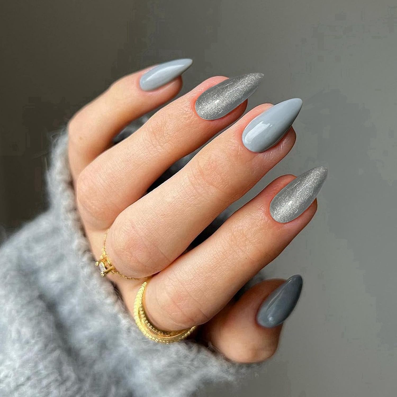 Glitter Gray Press on Nails Almond and Toe Nails Set, Cat Eye Glue on ...