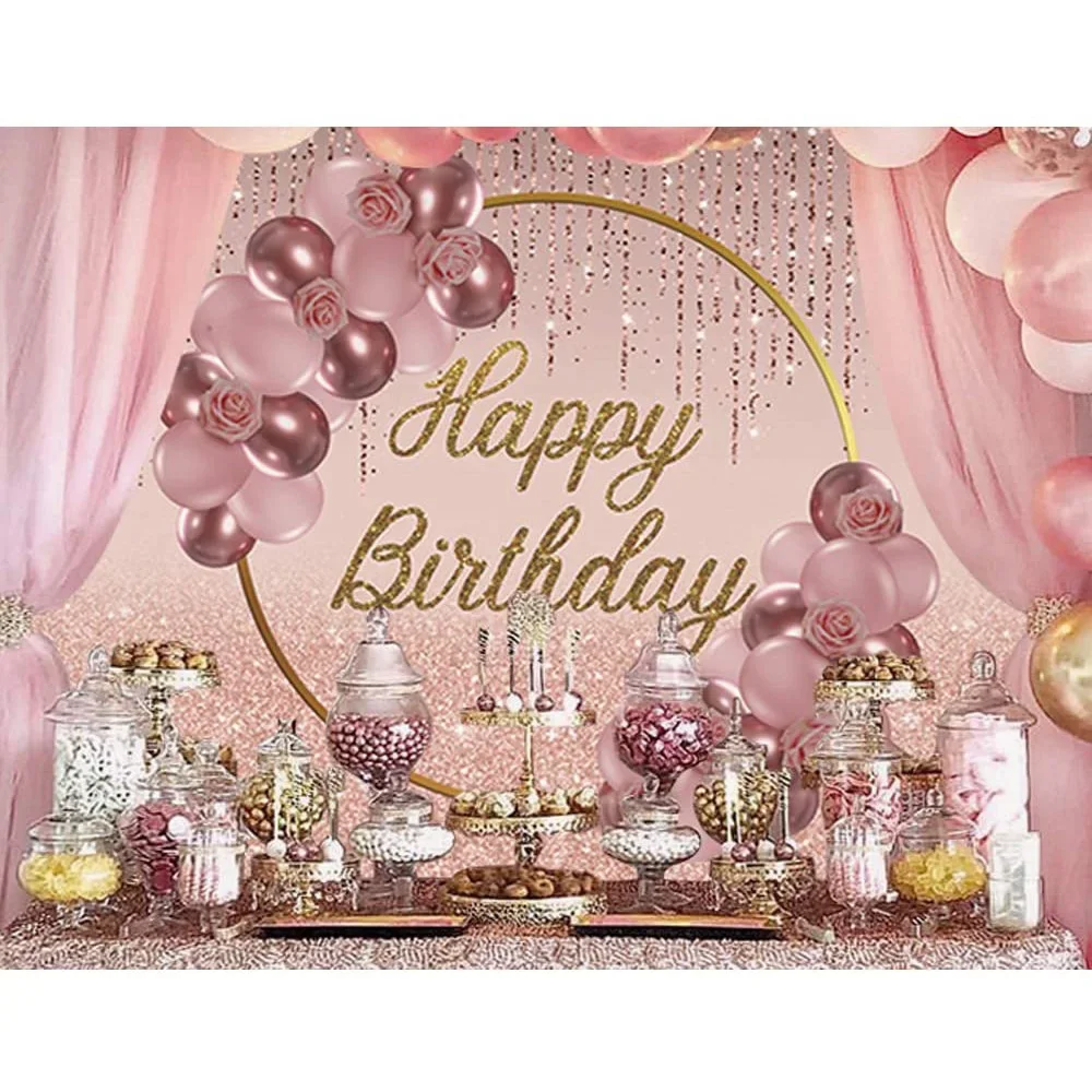 Glitter Happy Birthday Backdrop Pink Shiny Rose Birthday Background for ...