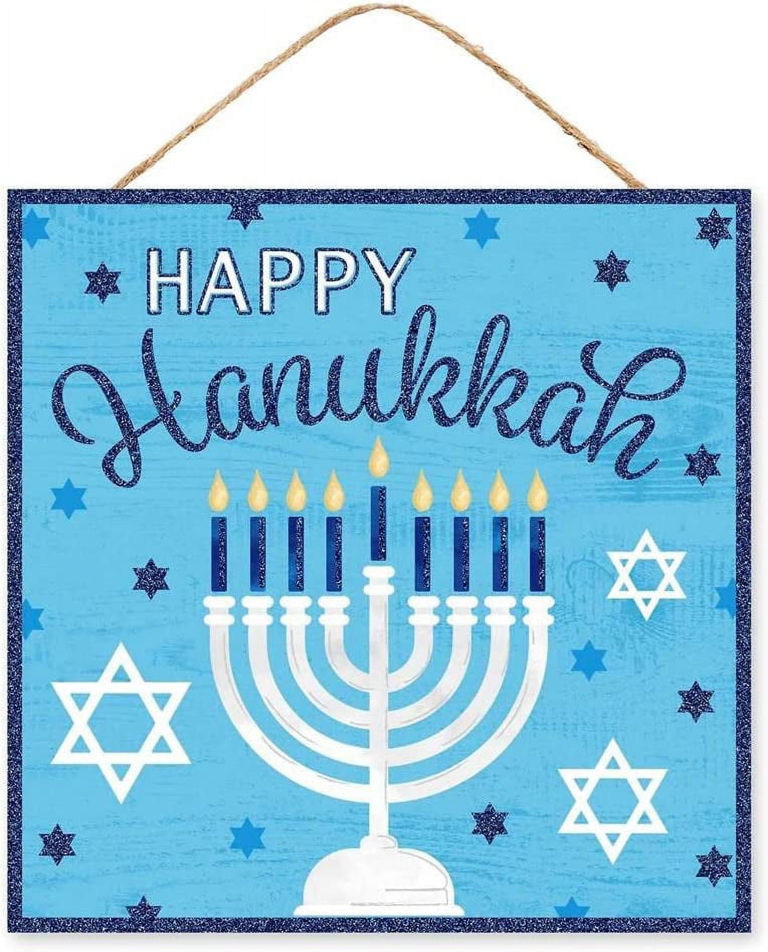 Glitter Happy Hanukkah Wooden Sign - 10" x 10", Light Blue and White ...