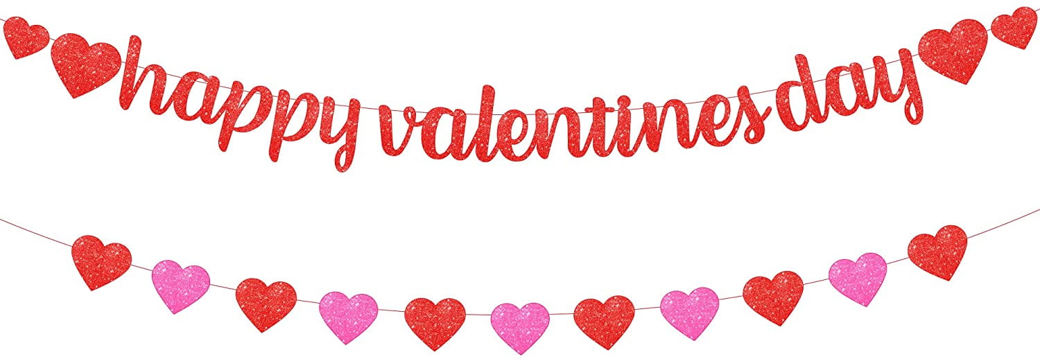 Glitter Happy Valentine's Banner - 10 Feet, No DIY | Red Pink Heart ...