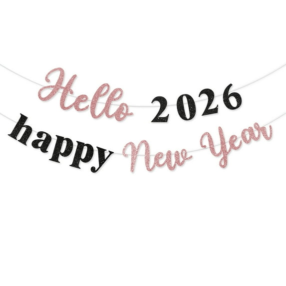Glitter Hello 2026 Happy New Year Banner Decorations Pre Strung Black ...