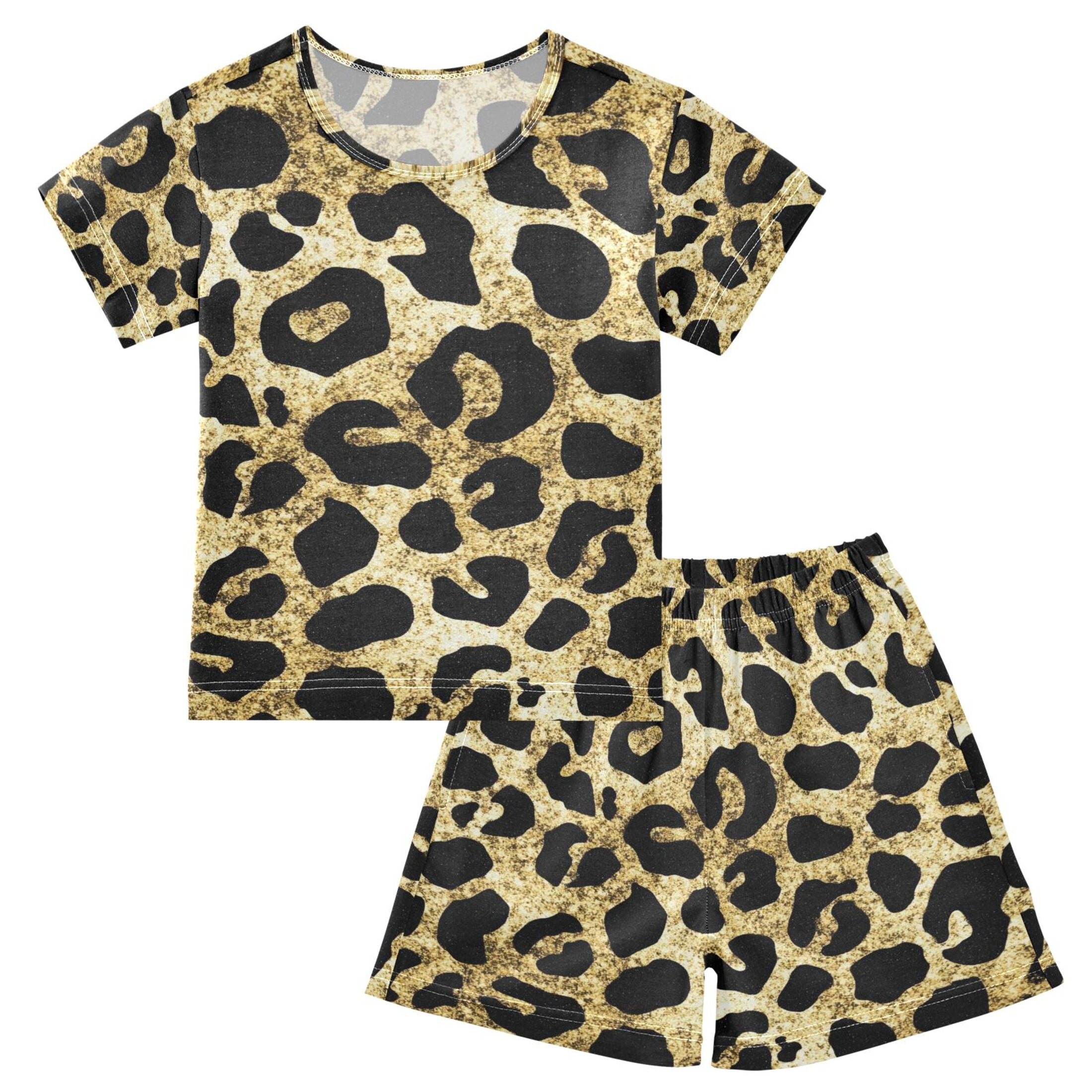 Glitter Leopard Print Pattern Summer Pajama Set Soft Cotton Short ...