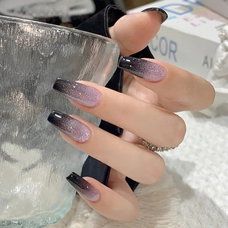 Glitter Long Ballet Nails Ice Translucent Purple Glitter Wearable Nails ...