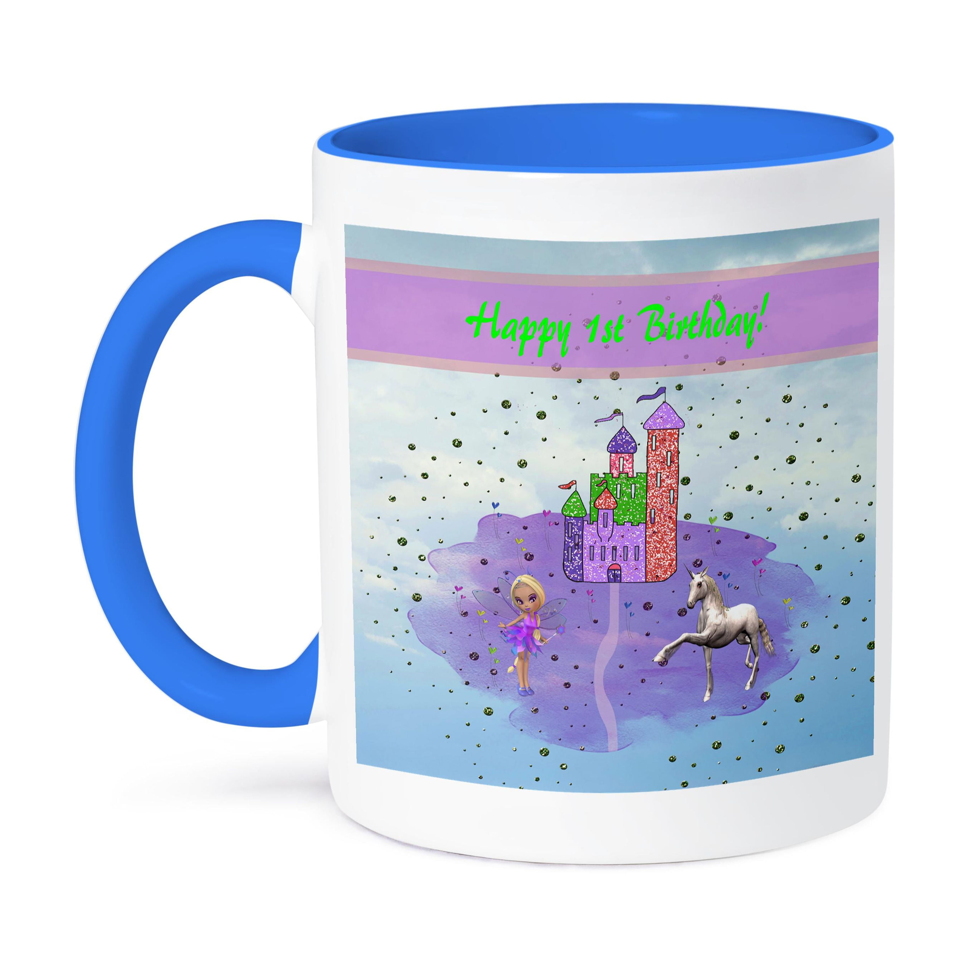 3dRose, Glitter Look Castle with Fairy Princess and Unicorn, Happy 1st Birthday, 11oz Two-Tone ...