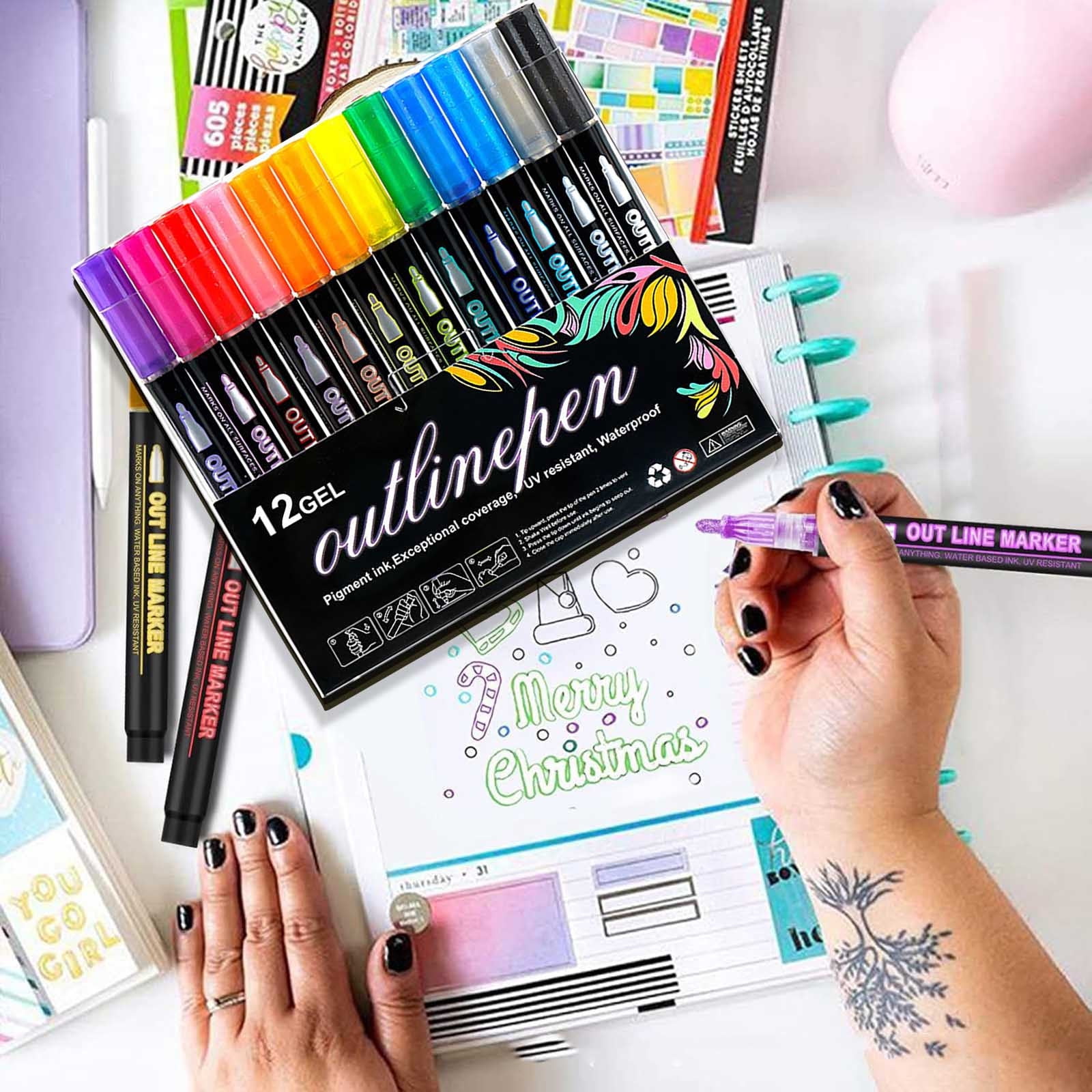 Glitter Markers, 12 Colors Outliner Pens, Double Line Outline Markers ...