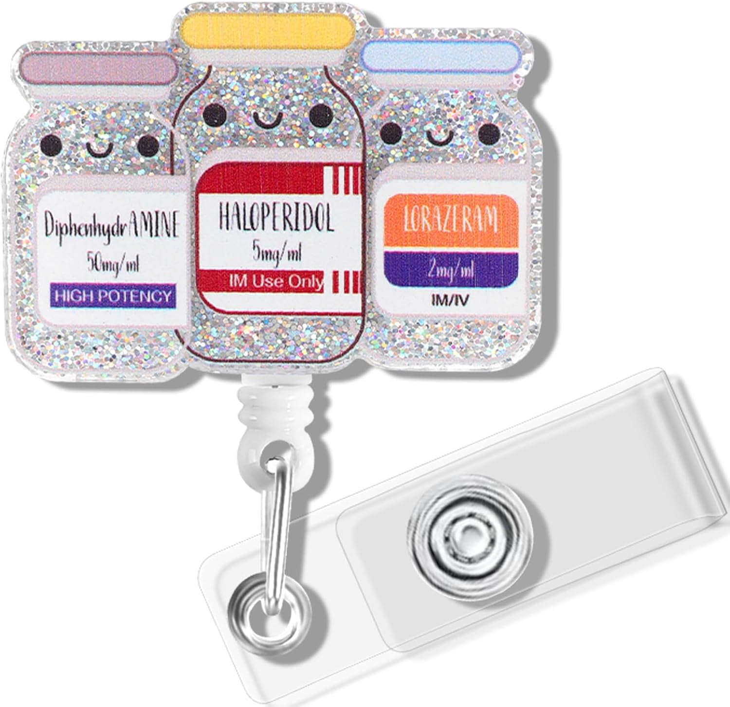 Glitter Medicine Bottle Nurse Badge Reel - Retractable ID Holder with ...