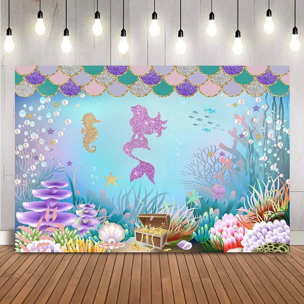Glitter Mermaid Birthday Theme Backdrop Little Princess Girls Newborn ...