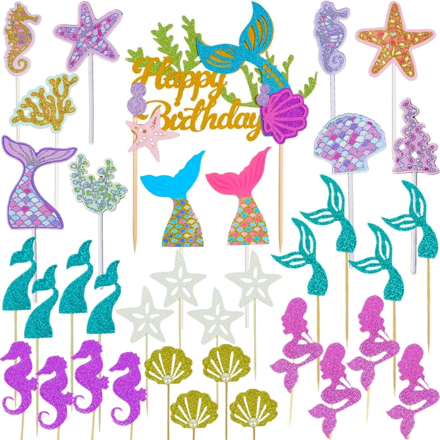 Glitter Mermaid Theme Cake Topper - Under the Sea Party Cupcake Toppers ...