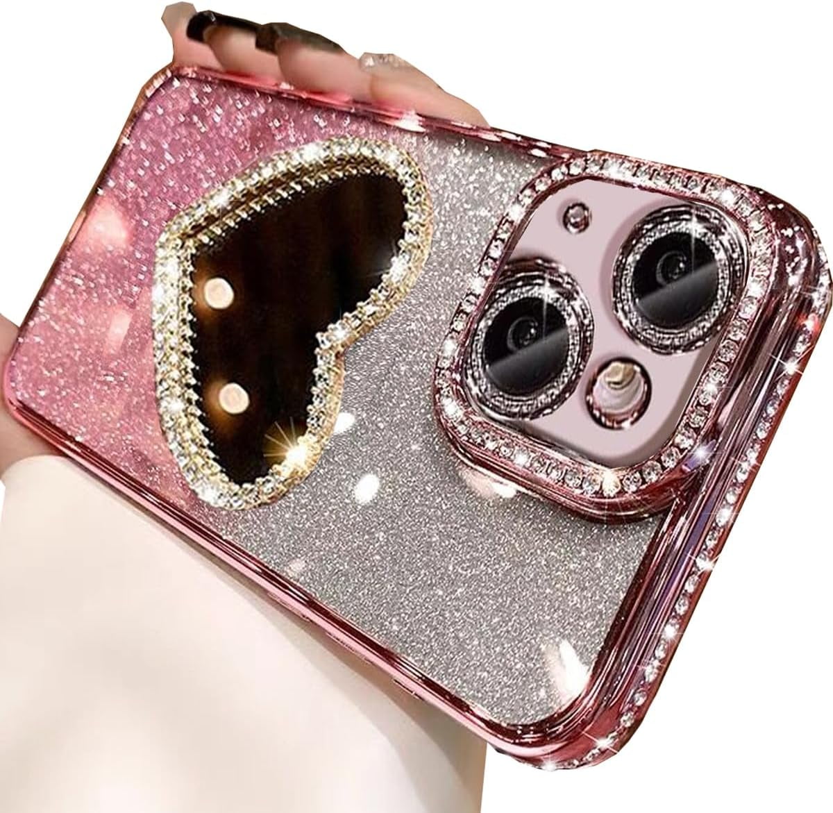 Glitter Mirror Case for iPhone 15 Plus, Luxury Diamond Heart Makeup ...