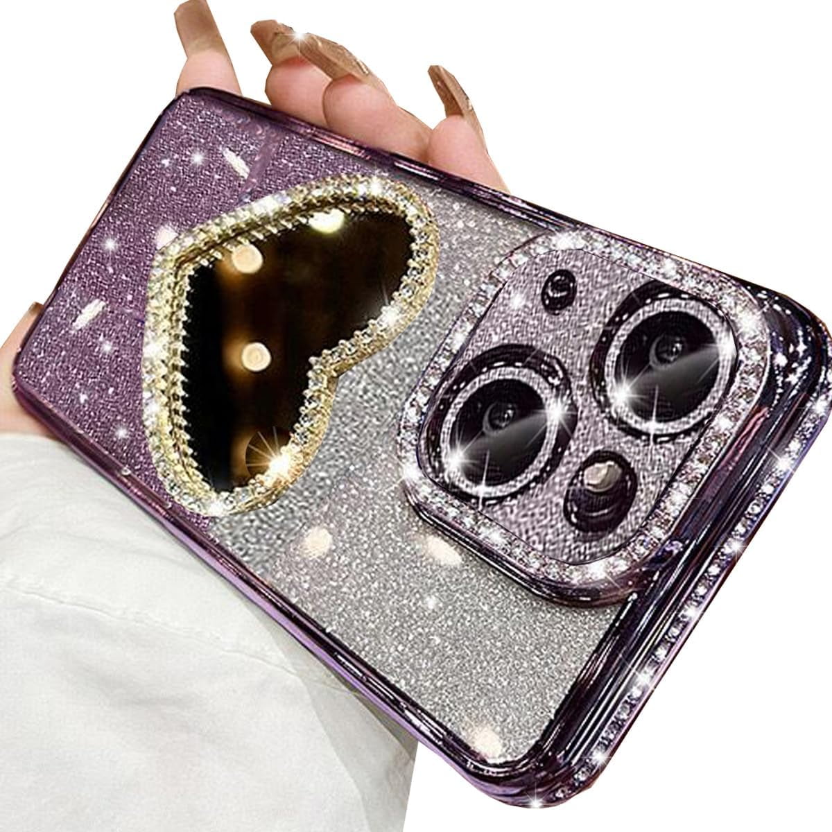 Glitter Mirror Case for iPhone 15 Plus, Luxury Diamond Heart Makeup ...
