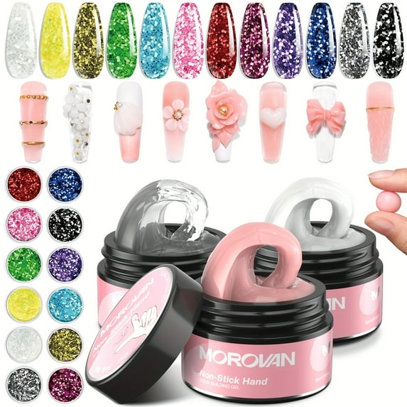 Glitter Nail Gel Kit: Morovan 3 Builder Gels & 12 Glitter/Sequin Set ...