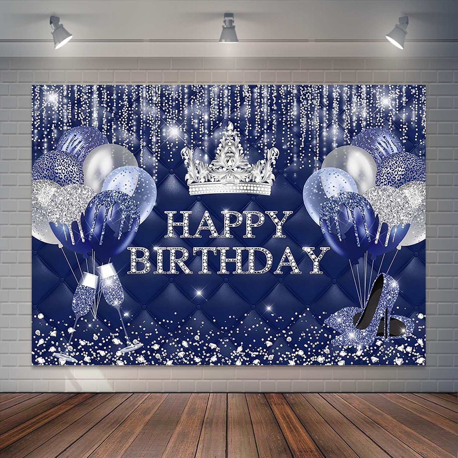 Glitter Navy Blue Birthday Backdrop Shiny Crown High Heels Champagne ...