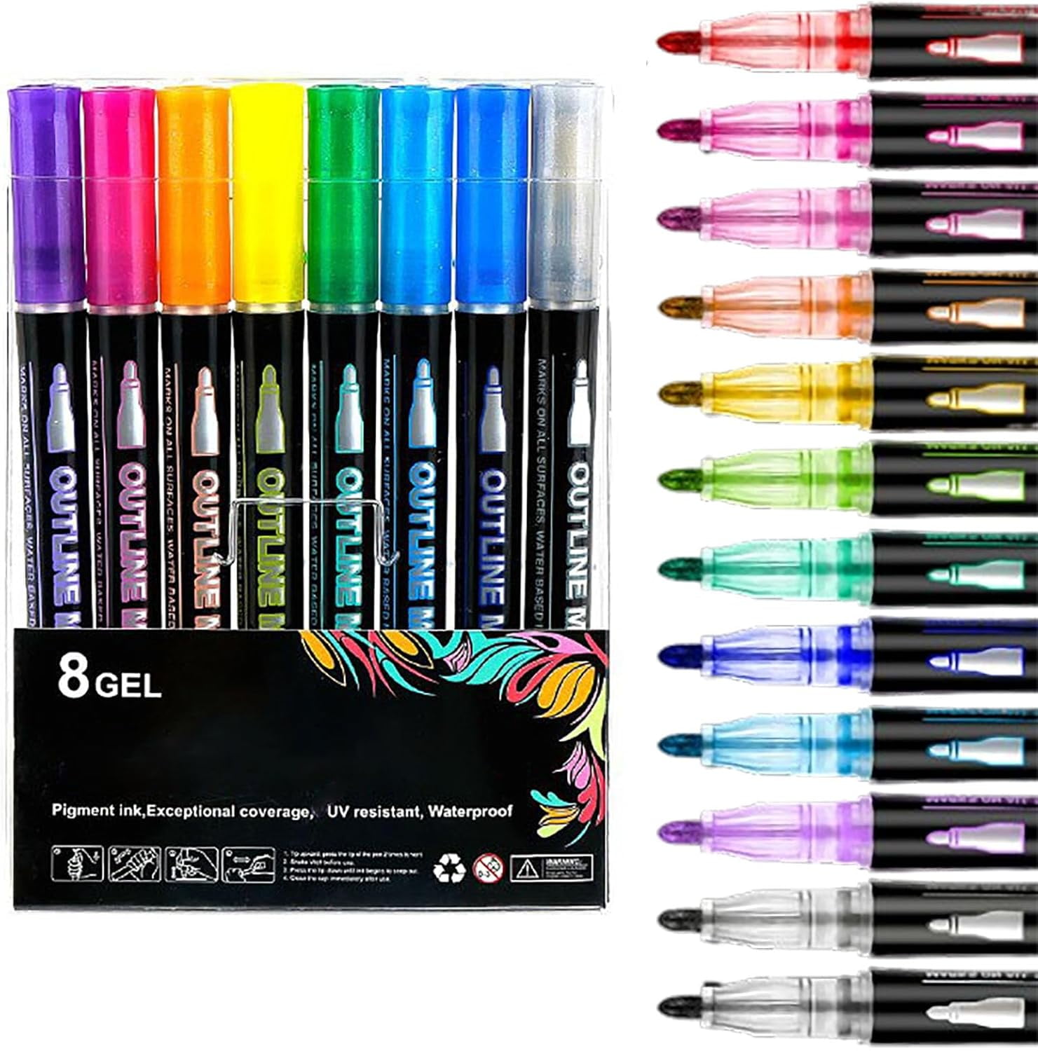 Glitter Outline Paint Markers, Outline Markers Self-Outline Metallic ...