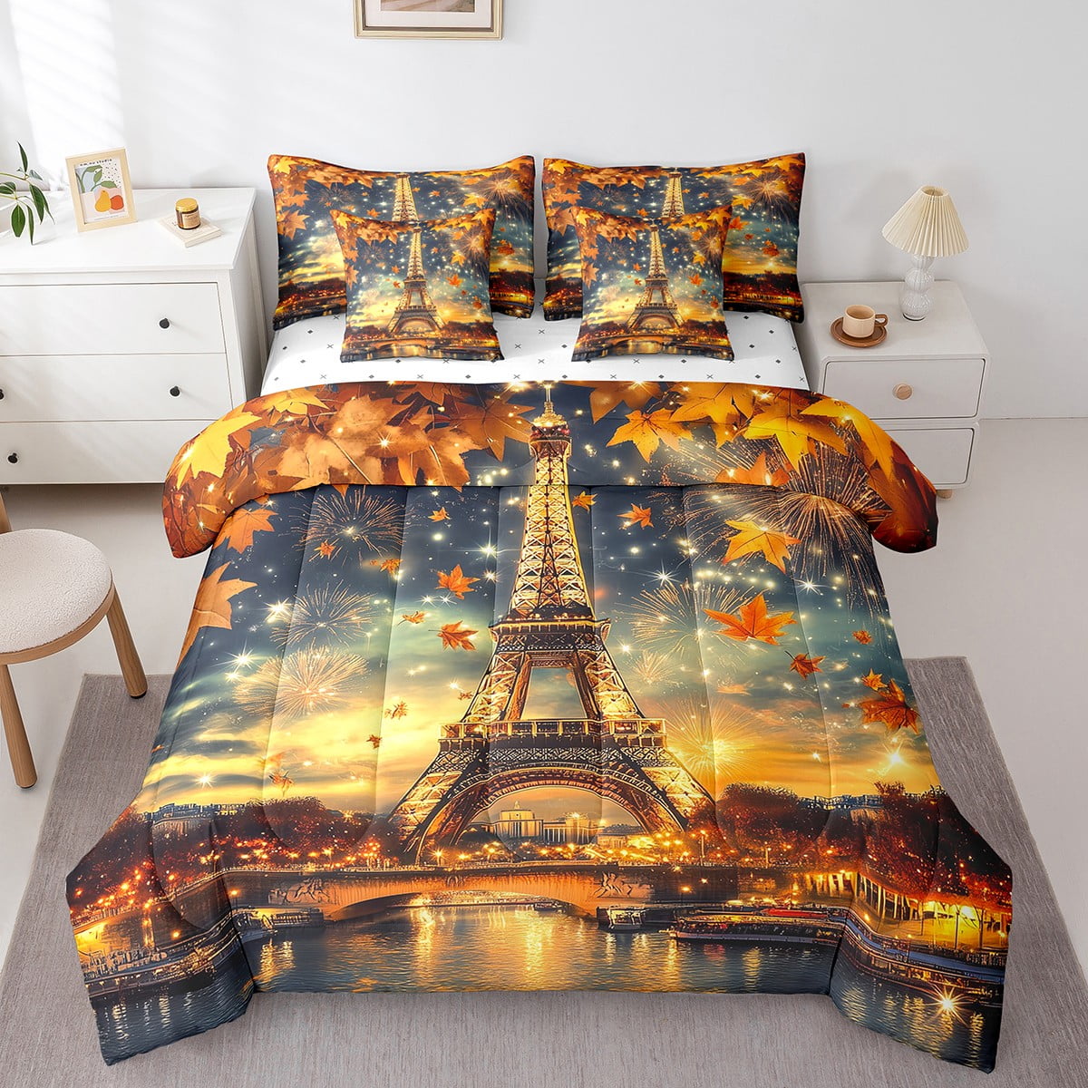 Glitter Paris Comforter Woman Eiffel Tower Romantic King 7 Pieces Bed ...