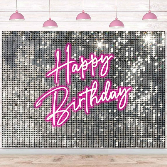 Glitter Pink Neon Happy Birthday Backdrop Silver Sequins Girls Women ...