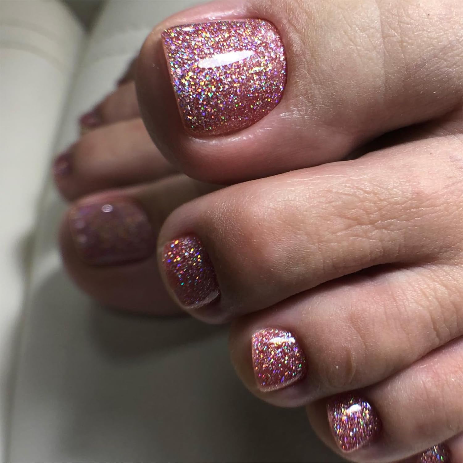 Glitter Pink Press on Toenails Short, Iridescent Shimmer Fake Toe Nails ...