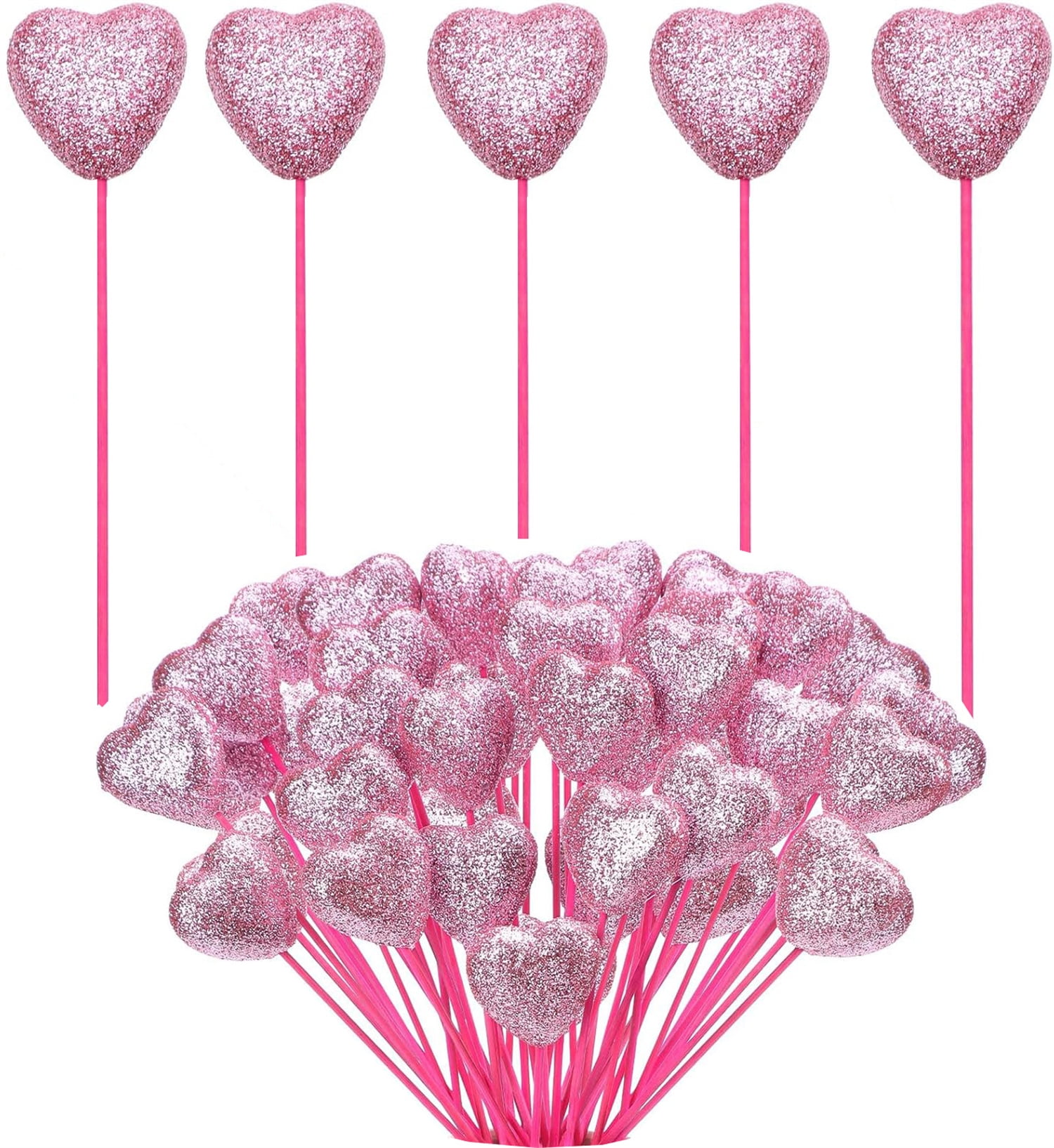Glitter Pink Puffy Heart Picks,Happon 20 Pcs Wooden Valentines Foam ...