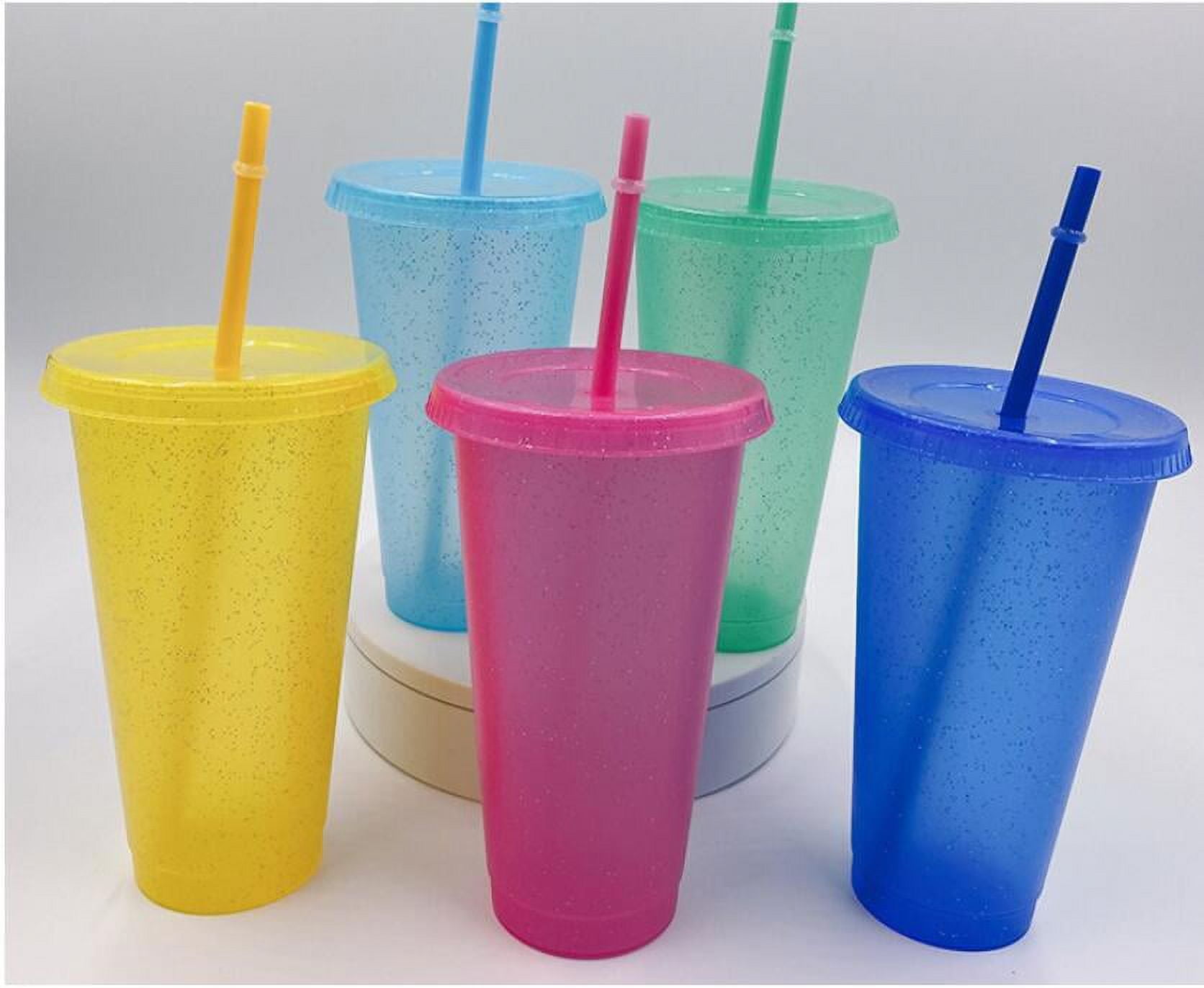 Glitter Plastic Cups with Straws and Lid,5 Packs 24 oz. Colorful ...