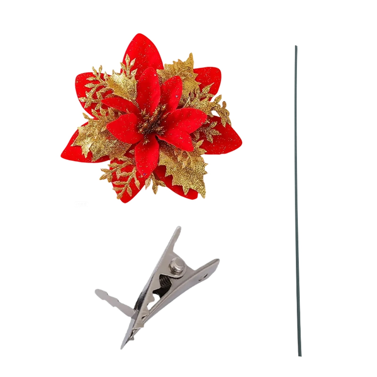 Glitter Poinsettia 5.5 Inch Artificial Flower Christmas Clip Stem With ...