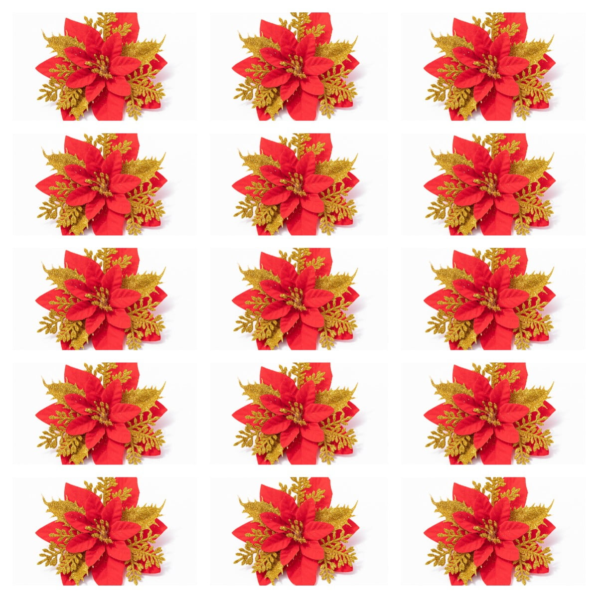 Glitter Poinsettia Artificial Flowers Christmas With Clips Stems Xmas