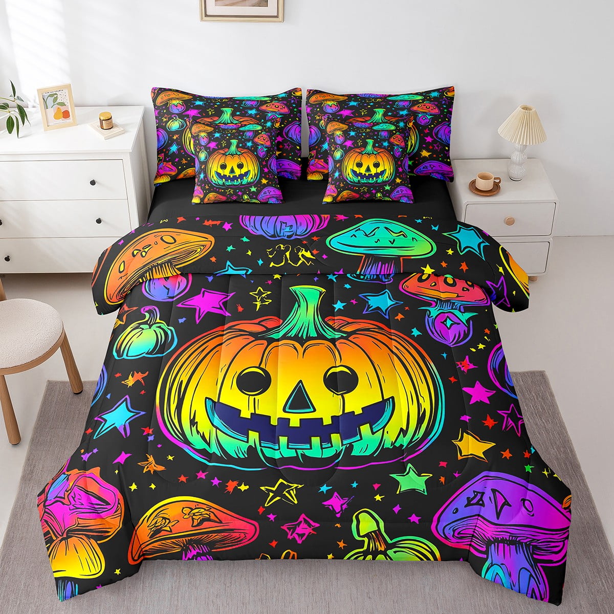 Glitter Pumpkin Lantern Bed in a Bag Queen Comforter Set 7 Piece ...