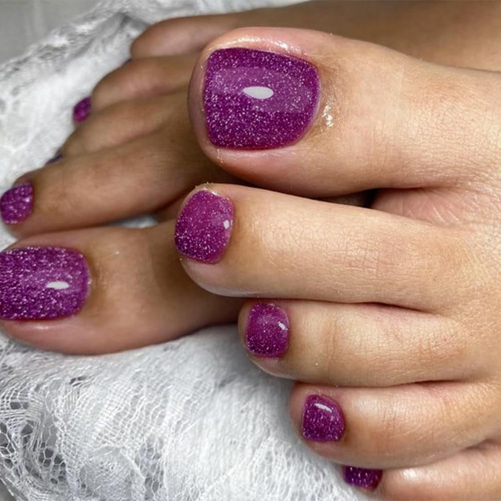 Glitter Purple Press on Toenails Short, Iridescent Shimmer Fake Toe ...