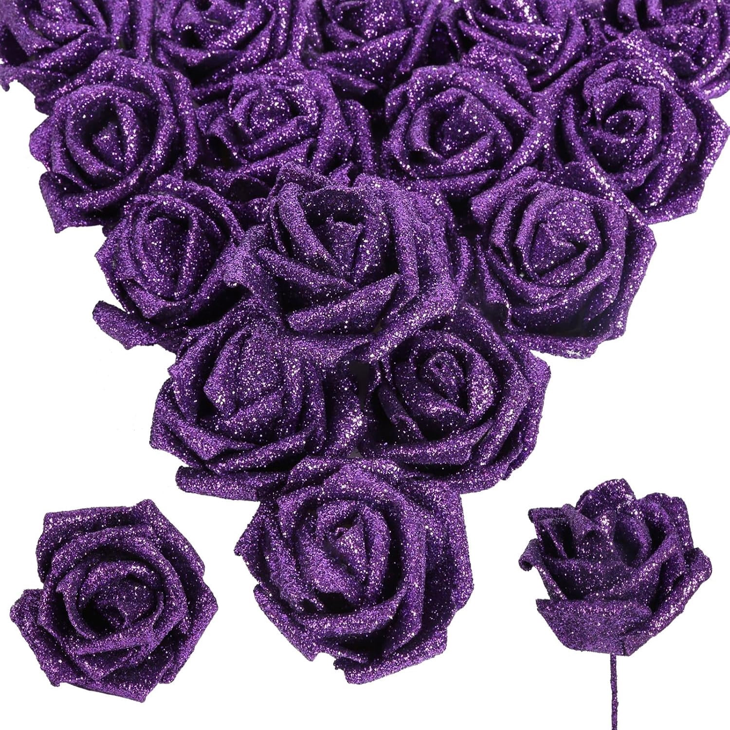 Glitter Purple Roses Foam Flowers with Stems for Bridal Shower ...