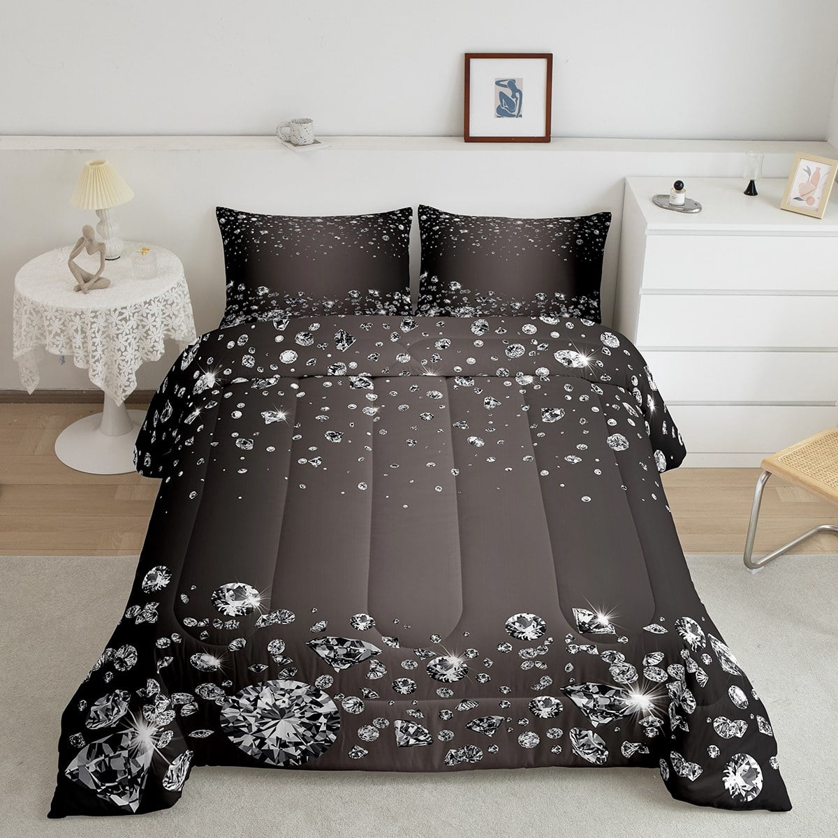 Glitter Queen Comforter Set Women,3D Sparkle Diamond Black Down ...
