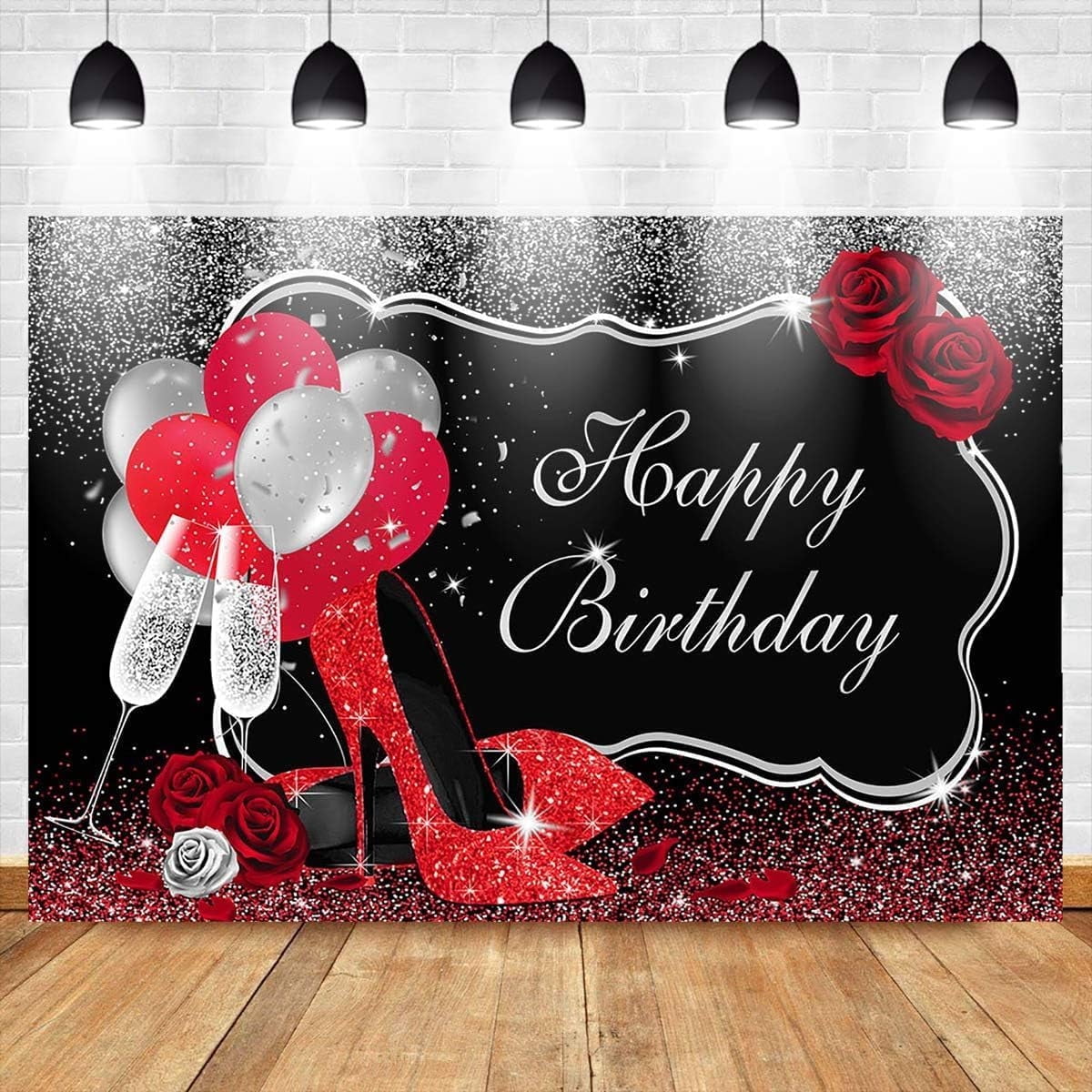 Glitter Red High Heels Happy Birthday Backdrop Black Silver Champagne ...