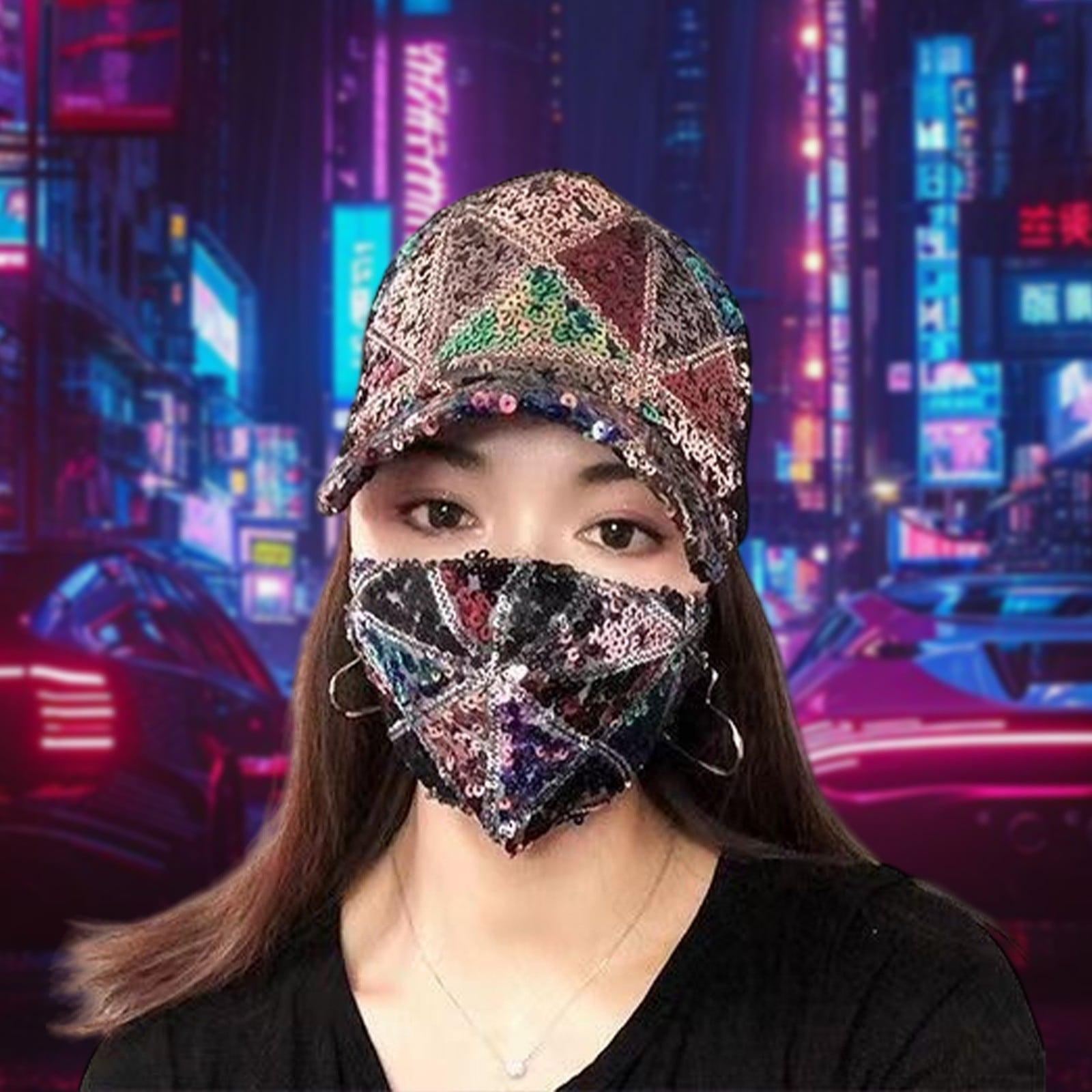 Glitter Sequin Baseball Cap and Face Cover Set, Adjustable Mesh Hat ...