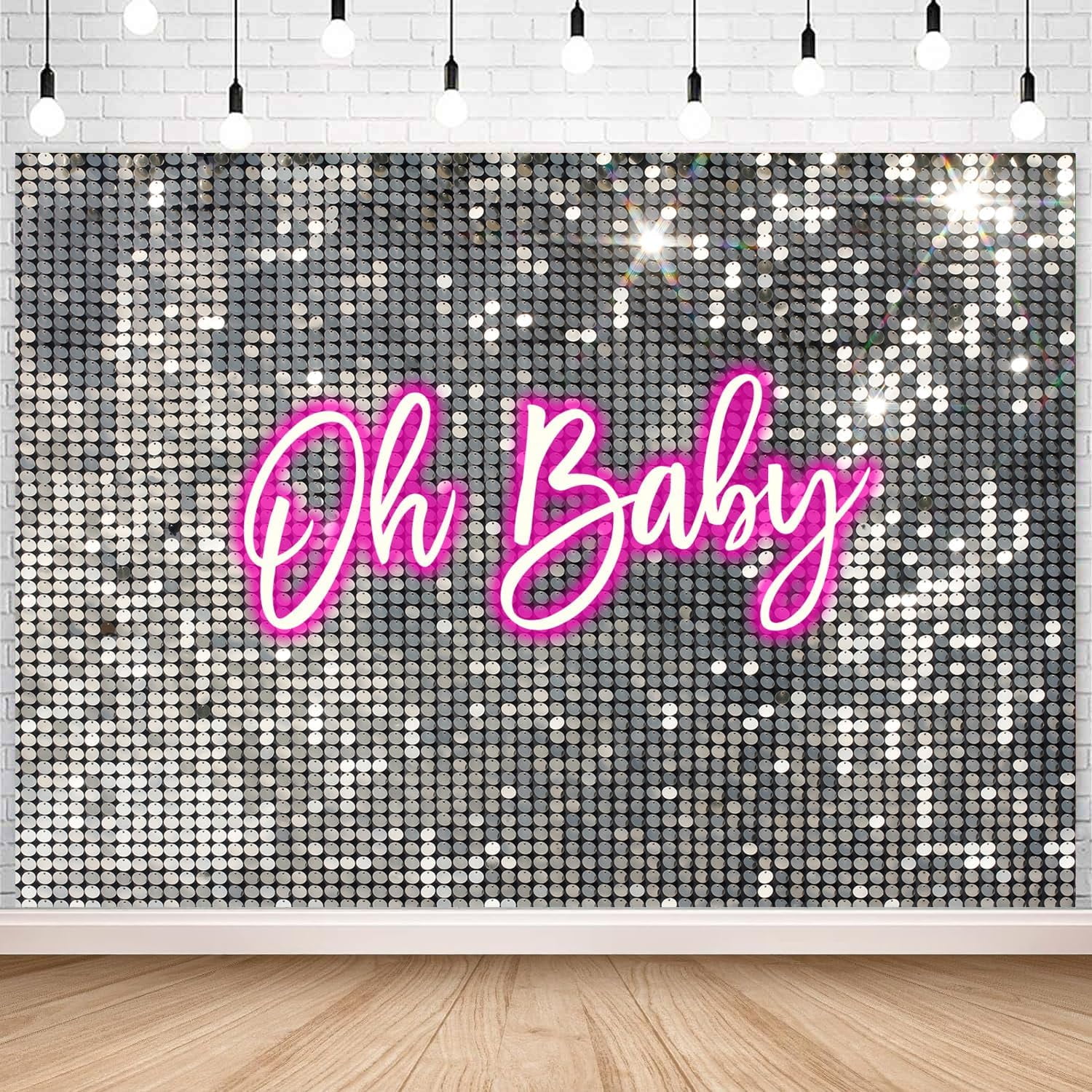 Glitter Silver Sequins Pink Neon Baby Shower Backdrop for Girls Boys ...