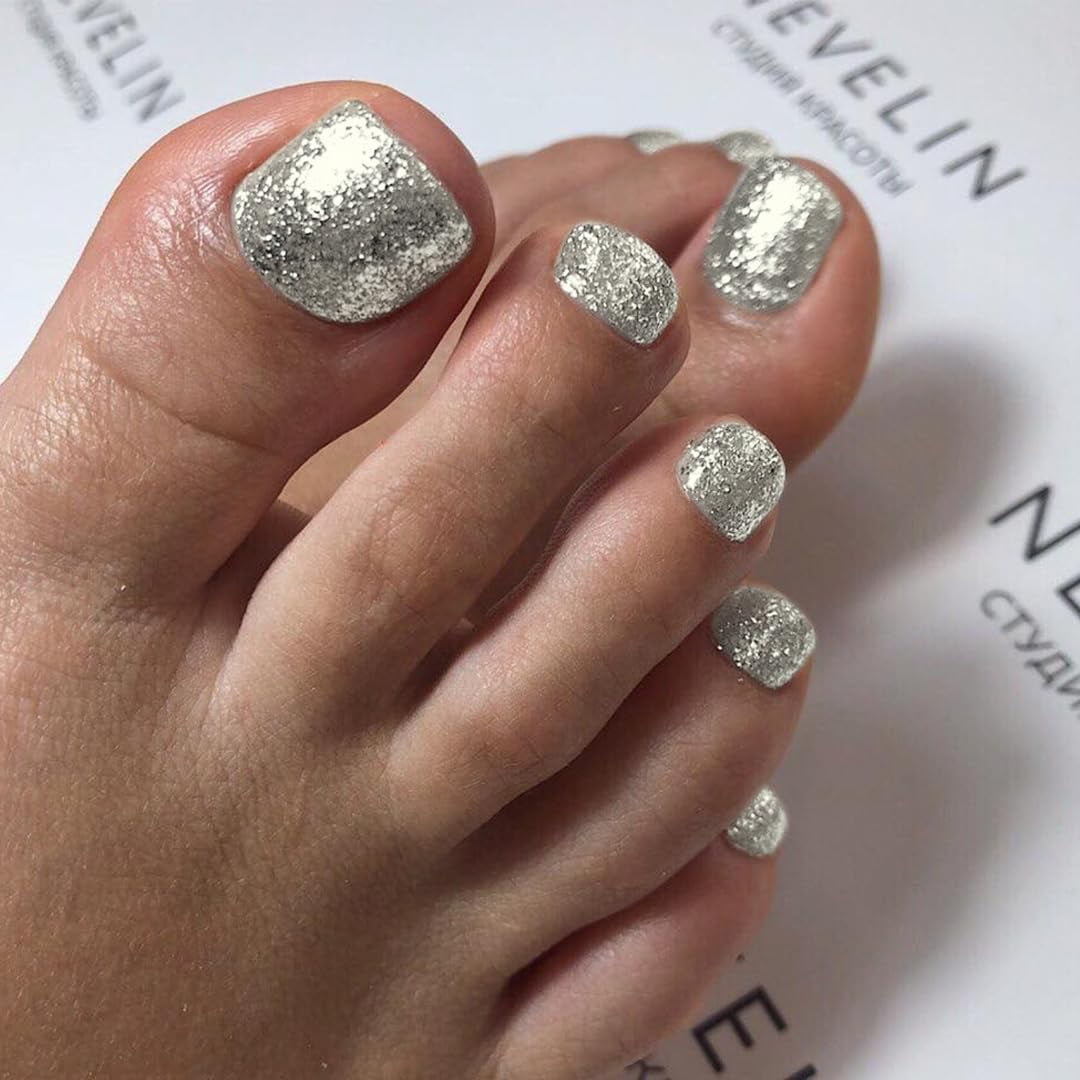 Glitter Sliver Press on Toes Nails Short Square, Shimmer Grey Fake Toe ...