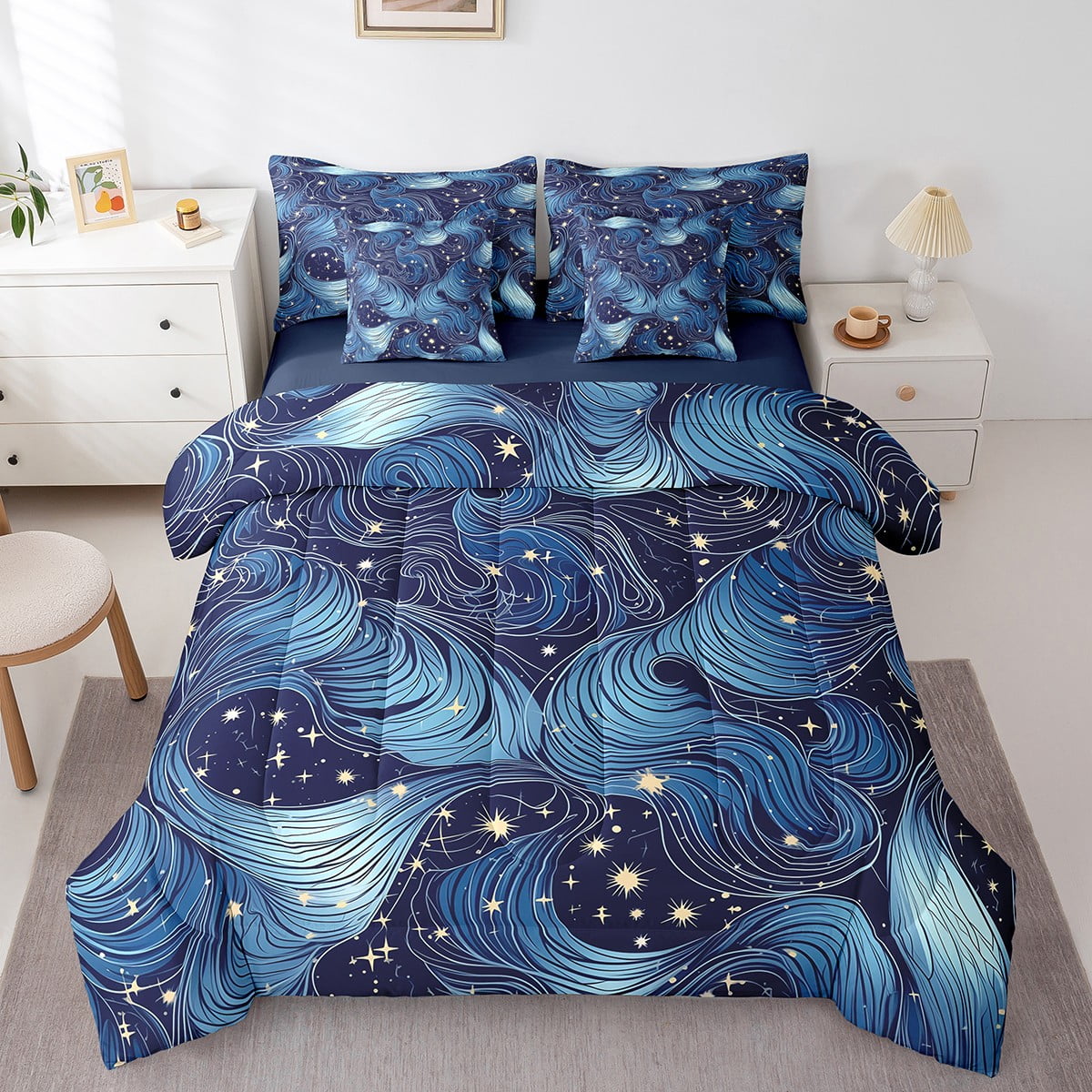 Glitter Stars 7 Pcs Comforter Set Twin Size,Cartoon Bedding,Geometric ...