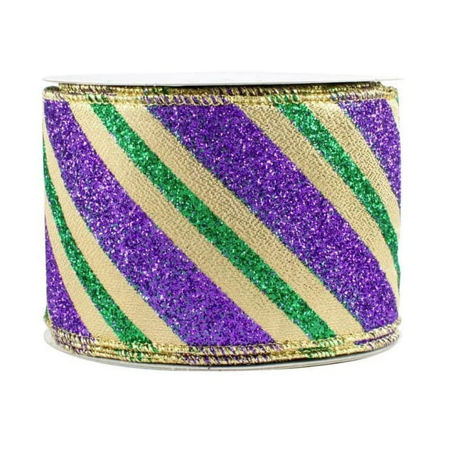 Glitter Striped Mardi Gras Ribbon - 2 1/2" x 10 Yards, Wired Edges ...