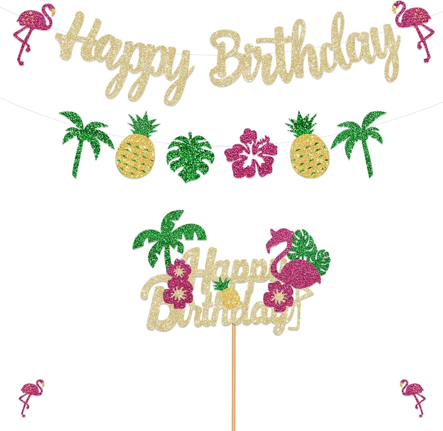 Glitter Tropical Happy Birthday Banner Luau Hawaiian Cake Toppers ...