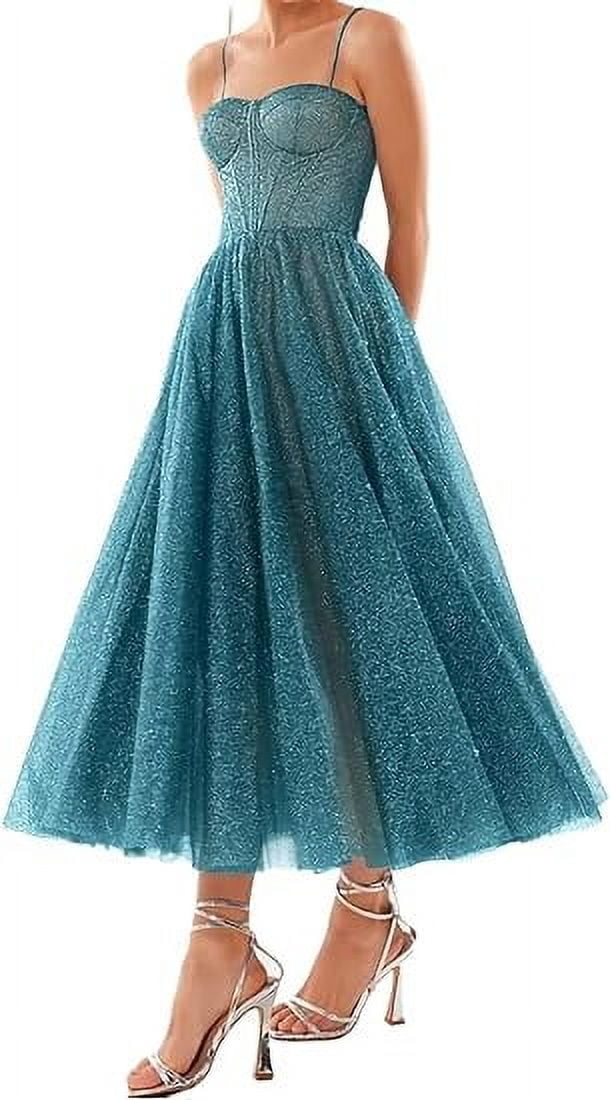 Glitter Tulle Tea Length Prom Dress for Teens A Line Formal Evening ...