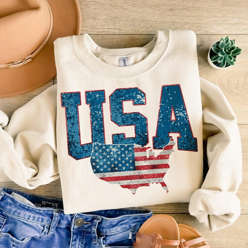 Glitter USA Flag Sweatshirt, Sparkly 4th of July Pullover, Red White ...