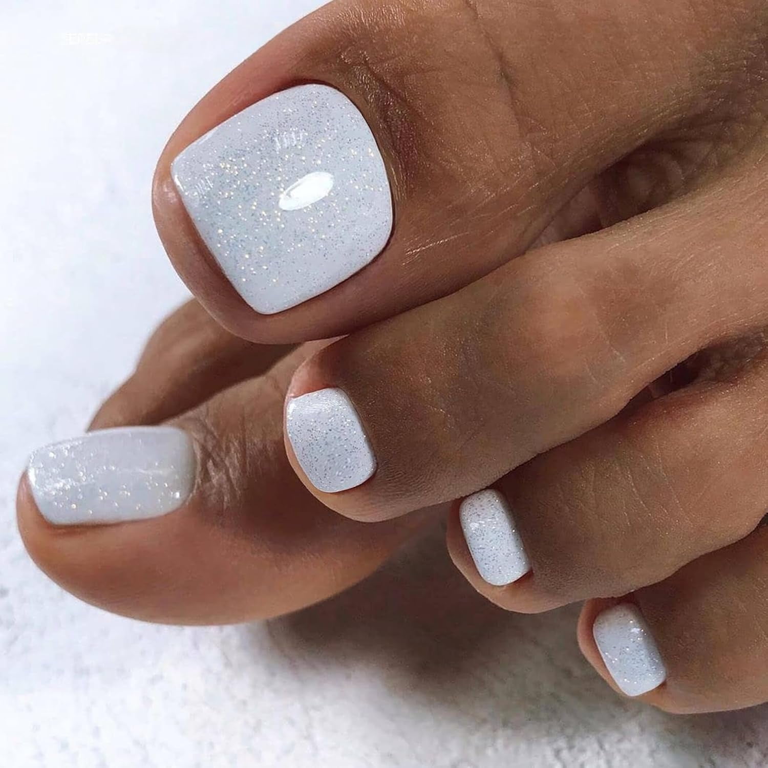 Glitter White Press on Toenails Short, Iridescent Shimmer Fake Toe ...