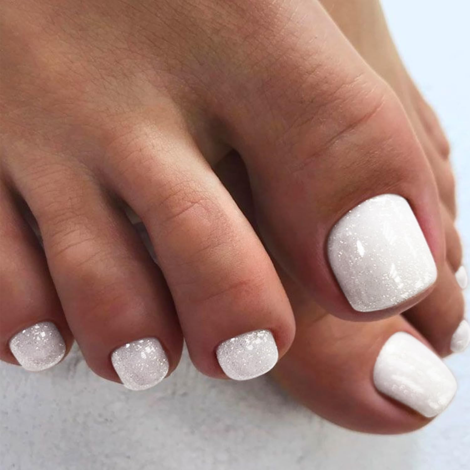 Glitter White Press on Toenails Short, Square Fake Toe Nails Reusable ...