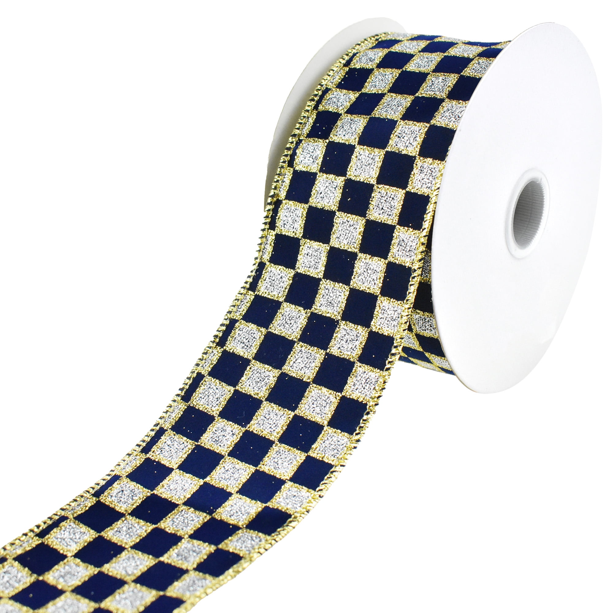 Glittered Checker Board Wired Ribbon, 2-1/2-Inch, 10-Yard - Navy Blue ...
