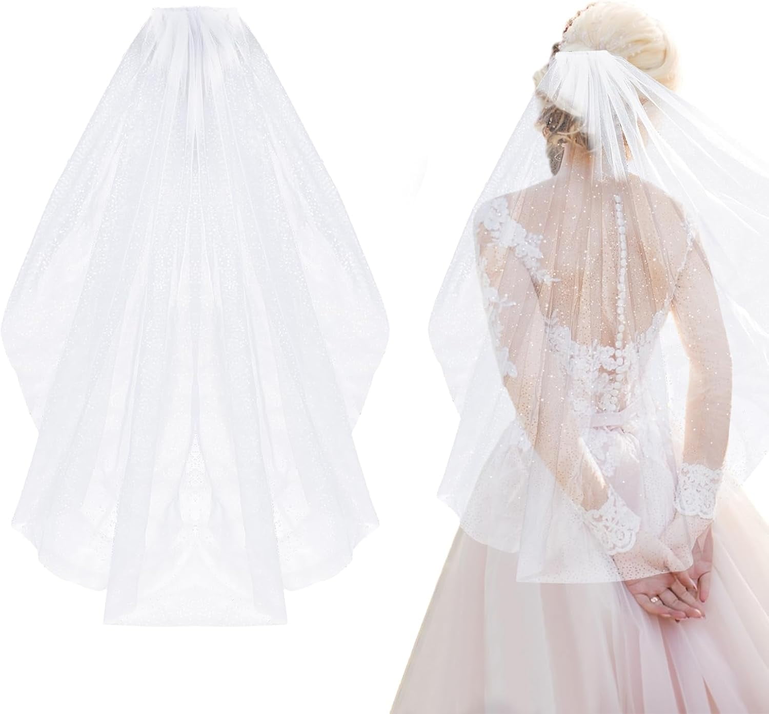 Glittered Long Mesh Tulle Bridal Veils with Combs for Women Wedding ...